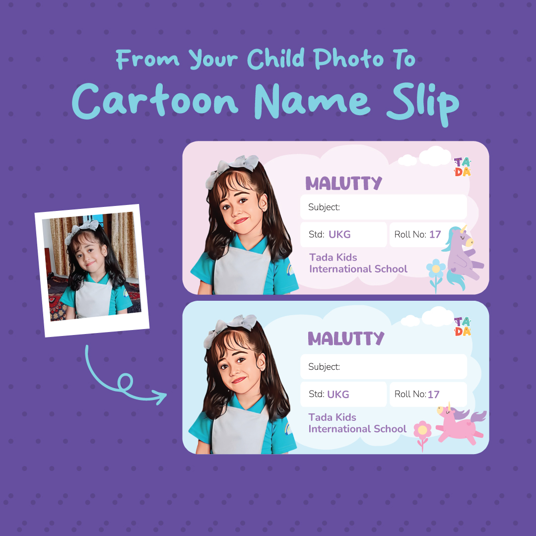 Custom Name Slip with Kid's Name & Cartoonised Photo